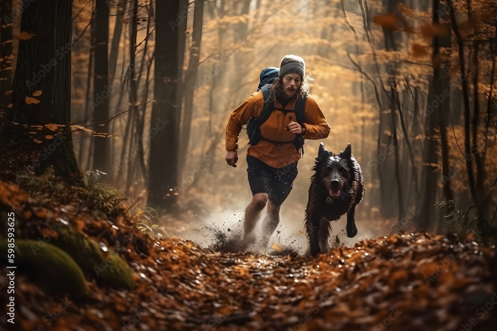 Trail Run: advertising photo A man and his dog running through a forest ...