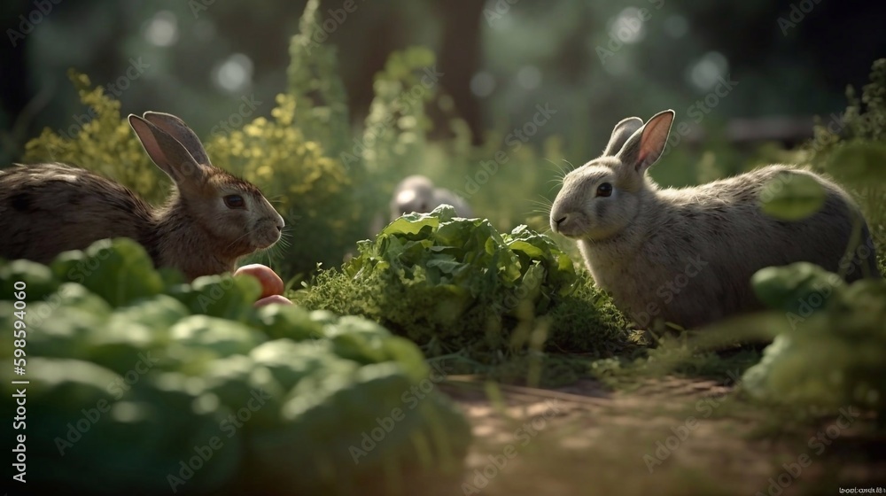 Rabbits in the garden. Rabbits in the farming background. AI generated ...