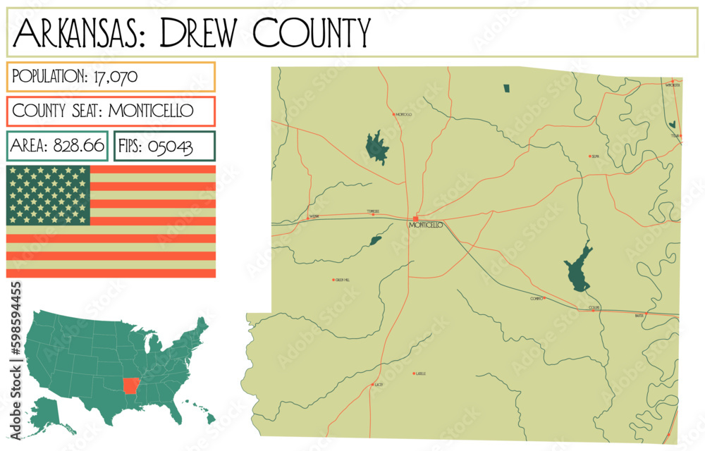 Fototapeta mapa świata dla dzieci Large and detailed map of Drew County ...