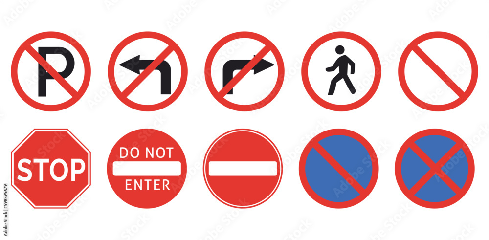 NO PARKING, STOP no entry road sign icon shape set. Traffic Prohibition ...