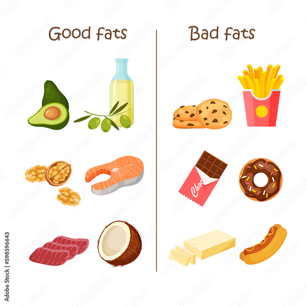 Good and bad fats. Choice between healthy and unhealthy food. Fastfood ...
