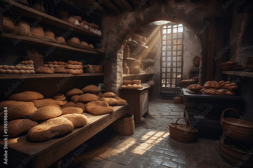 Cozy medieval bakery with bread, baskets, and buns. Generative AI Stock ...
