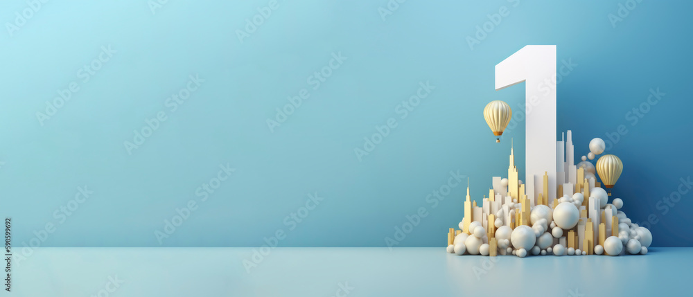 Number 1 on bubble cloud city surrounded balloons on blue background ...