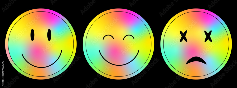 Holographic smiley stickers in y2k style. Retro futuristic elements ...