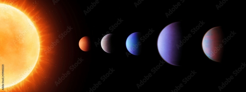 Model of the planetary system. Planets near sun-like star on a black ...