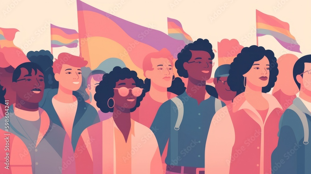 Crowd of queer people and allies marching for LGBTQ+ rights with pride ...