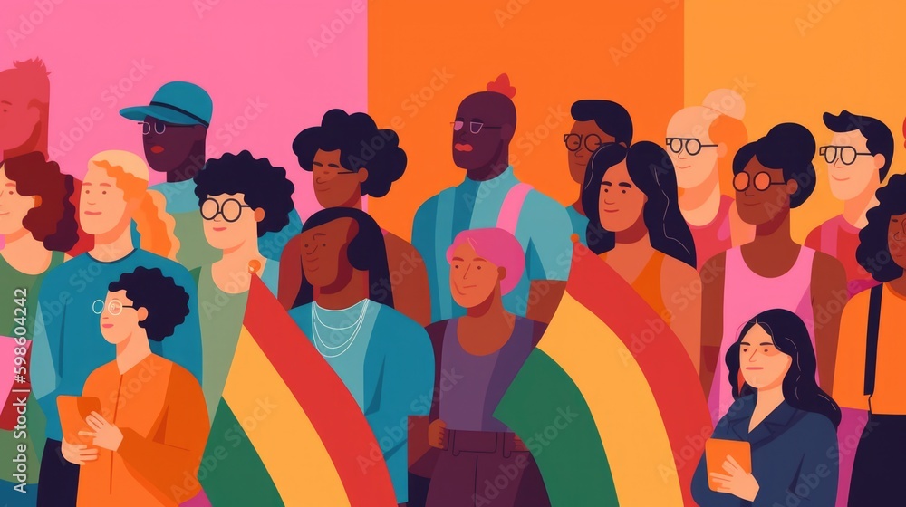 Crowd of queer people and allies marching for LGBTQ+ rights with pride ...