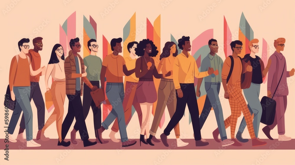 Crowd of queer people and allies marching for LGBTQ+ rights with pride ...