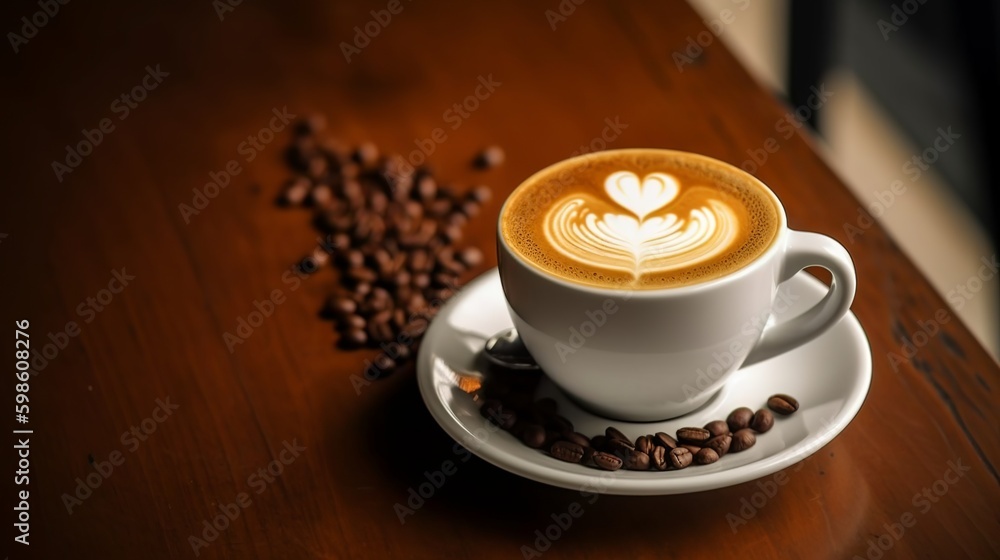 Nice Texture of Latte art on hot latte coffee with coffee beans. Milk foam in heart shape leaf ...