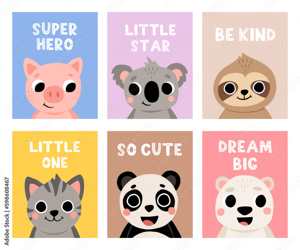 Animal kid card. Cute child greeting and invitation cards for birthday ...