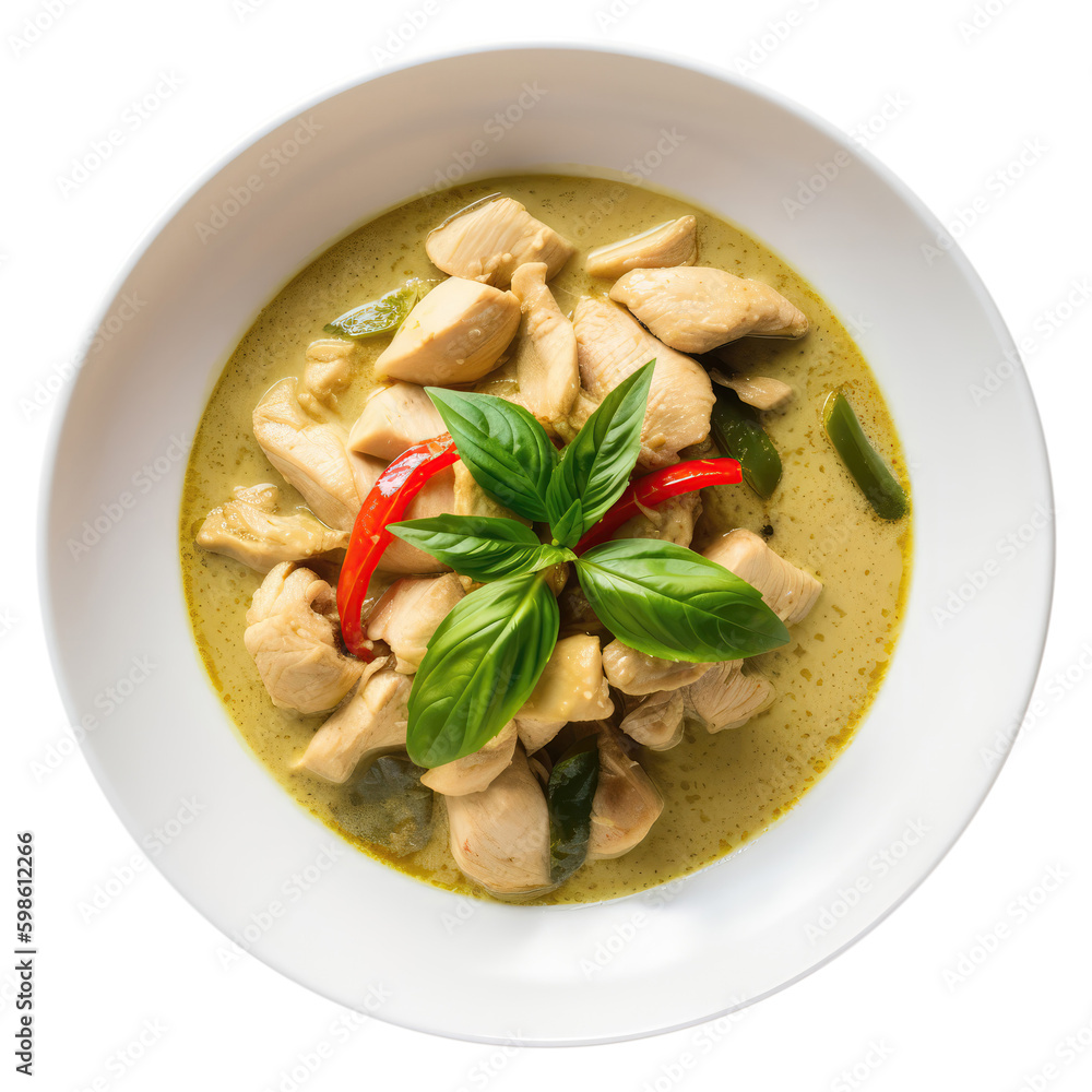 Gaeng Kiew Wan Gai Green Curry Chicken On White Plate, Thai Dish. On An ...