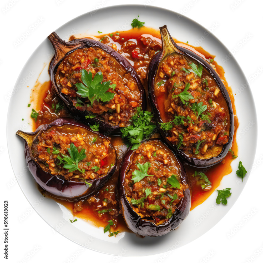 Imam Bayildi Stuffed Eggplant Dish On White Plate, Turkish Dish. On An ...