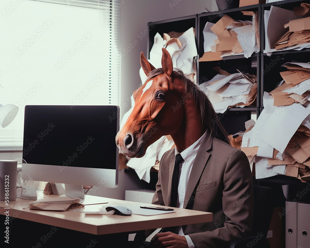 generative ai illustration of office stallion, horse working, business ...