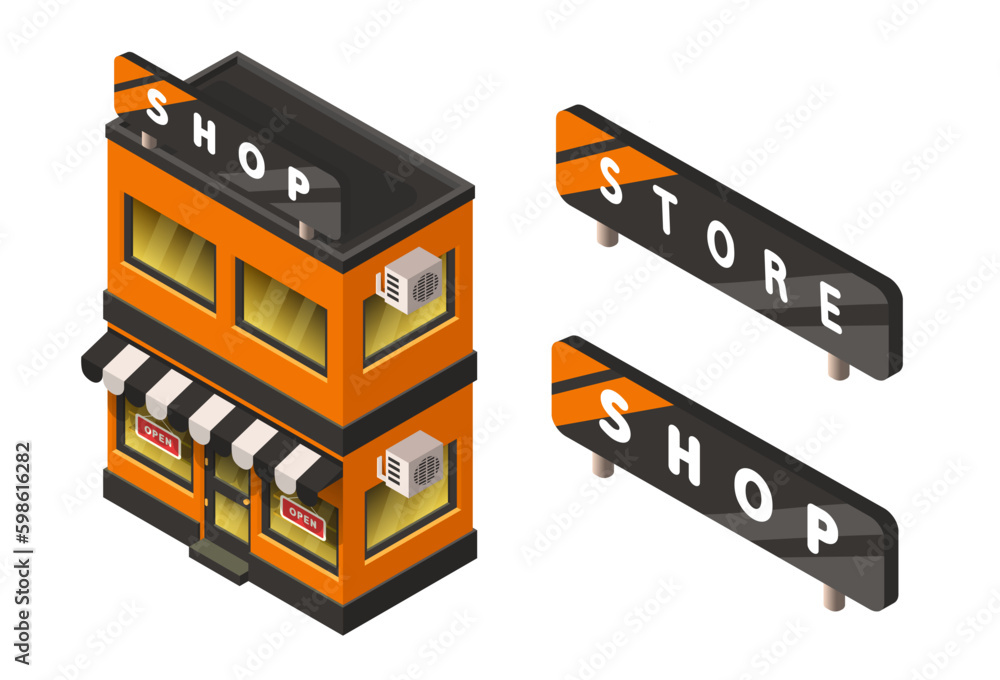 Two-story building. Two storey isometric store. Vector set isolated on ...