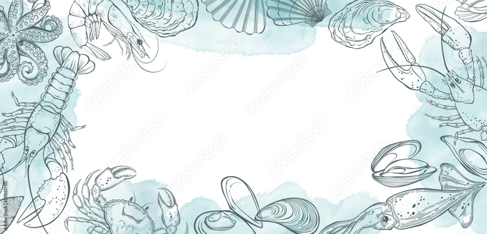Pre-made design with sea food, watercolor splash and place for text ...