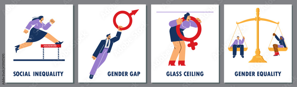 Social inequality and gender gap posters set, unequal rights for men ...