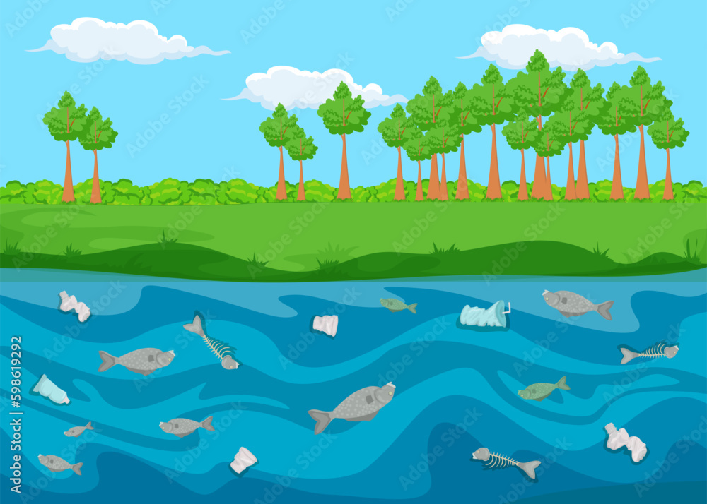 Dead fish and trash rotting in water vector illustration. Drawing of ...