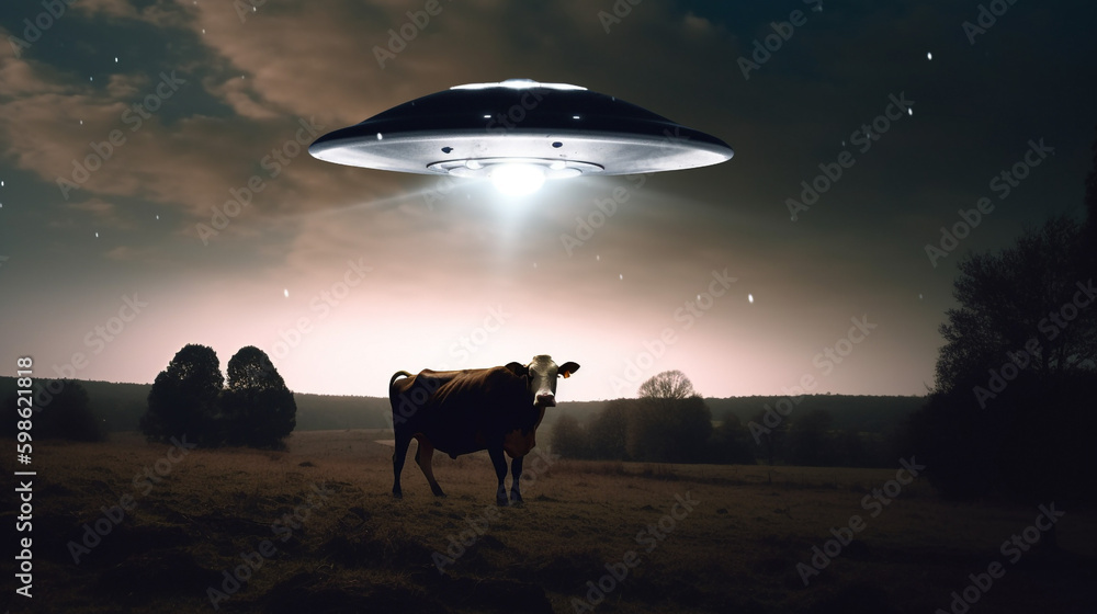 UFO flying saucer hovering above the cow at night. Alien spaceship ...