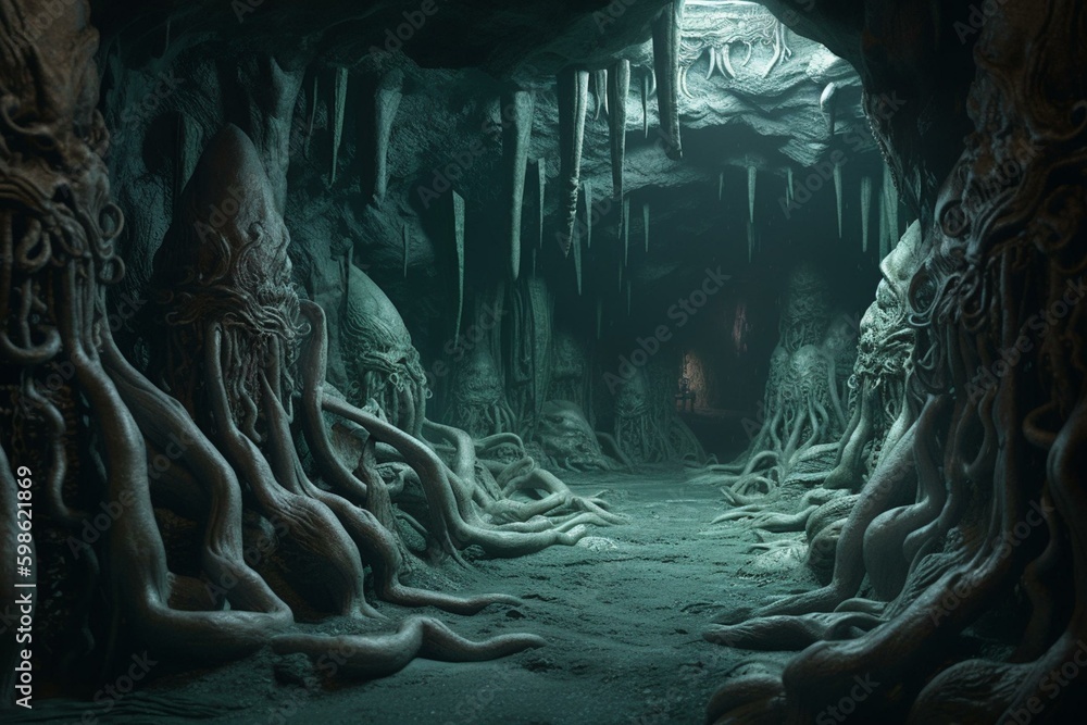 Creepy Lovecraftian cave with tentacle monsters. Concept art. Generative AI Stock Illustration ...