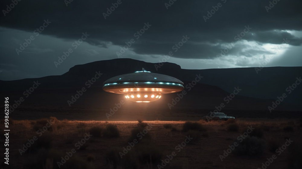 Glowing UFO flying saucer hovering in mystical desert landscape at ...