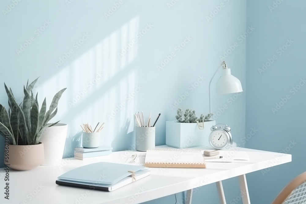 modern office interior with desk blue color Stock Illustration | Adobe ...