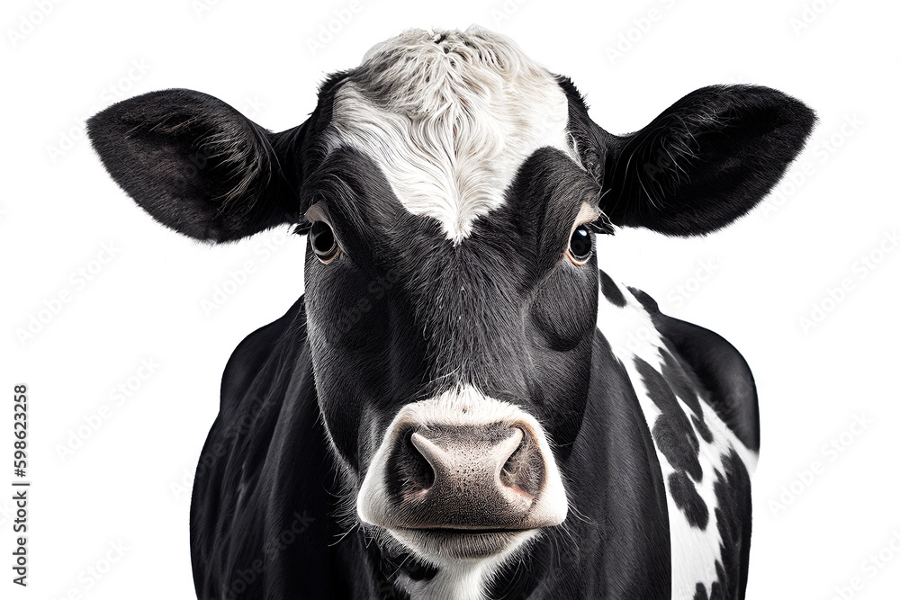 Holstein Friesian black and white dairy cow, front view portrait ...