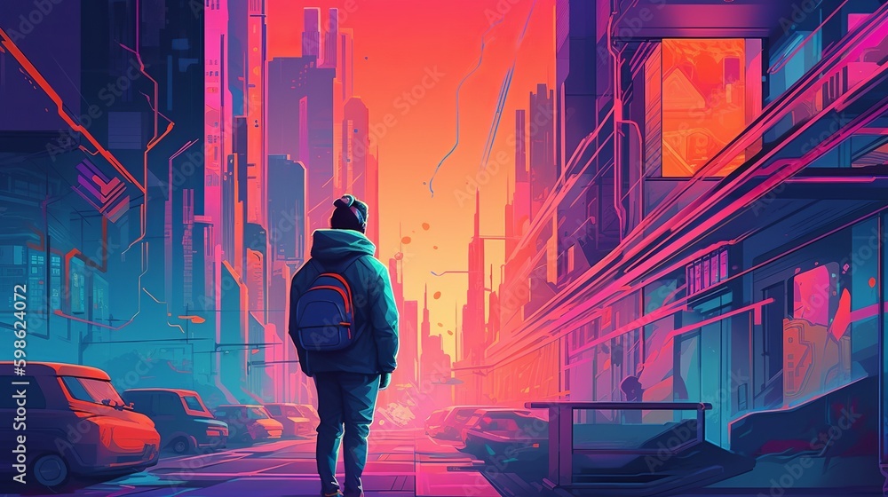 Drawing a man on the street in neon colors Generative AI Stock ...