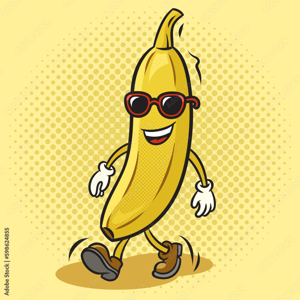 Cartoon happy banana walking in sunglasses pinup pop art retro vector illustration. Comic book ...