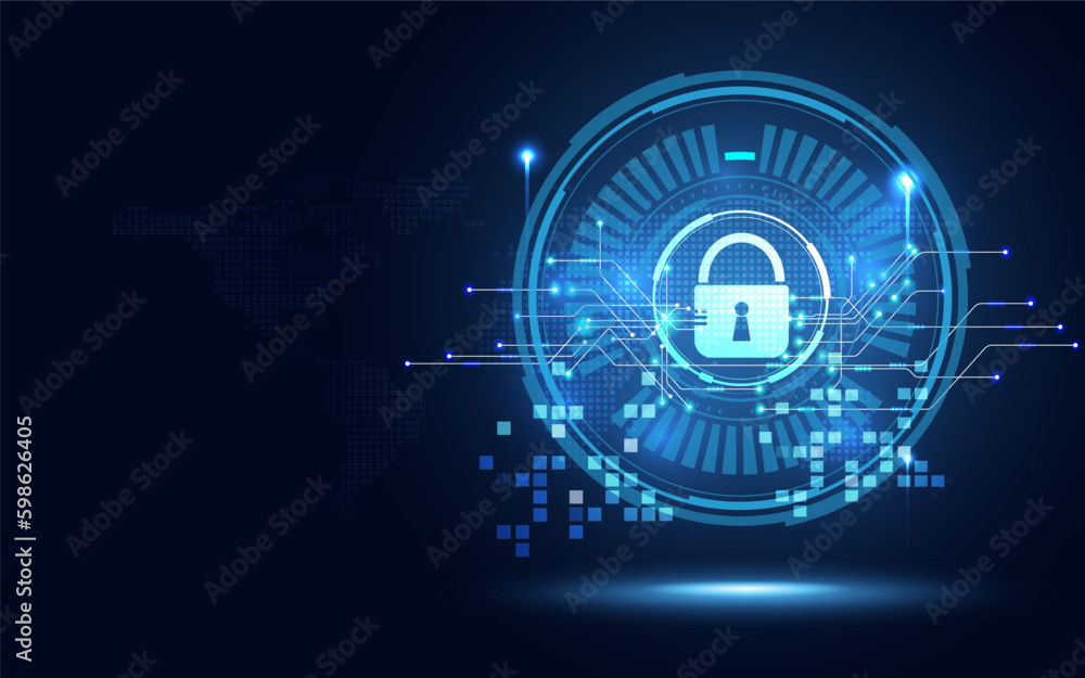 Cyber security padlock blue abstract digital binary code background. Decoding technology and ...