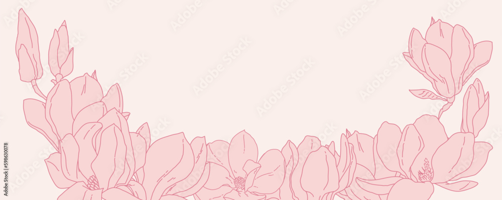 Magnolia flowers in bloom frame border template. Hand drawn realistic ...