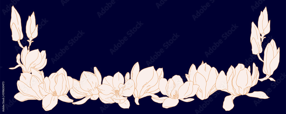 Magnolia flowers in bloom frame border template. Hand drawn realistic ...