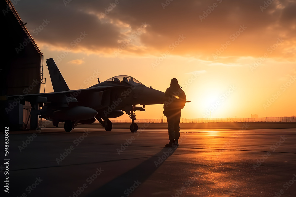 sunset back view of military fighter jet pilot beside parked military ...