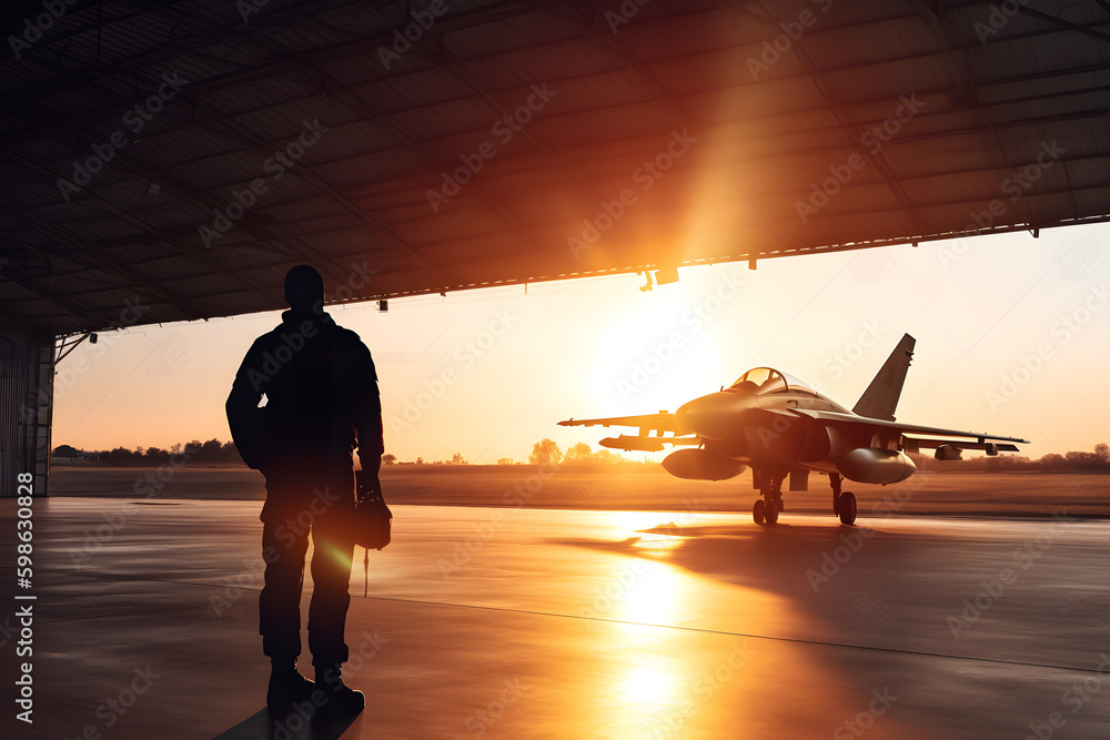 sunset back view of military fighter jet pilot beside parked military ...