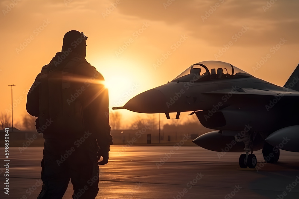 sunset back view of military fighter jet pilot beside parked military ...