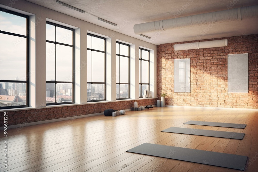 Modern white yoga studio with city view through window and brick wall ...