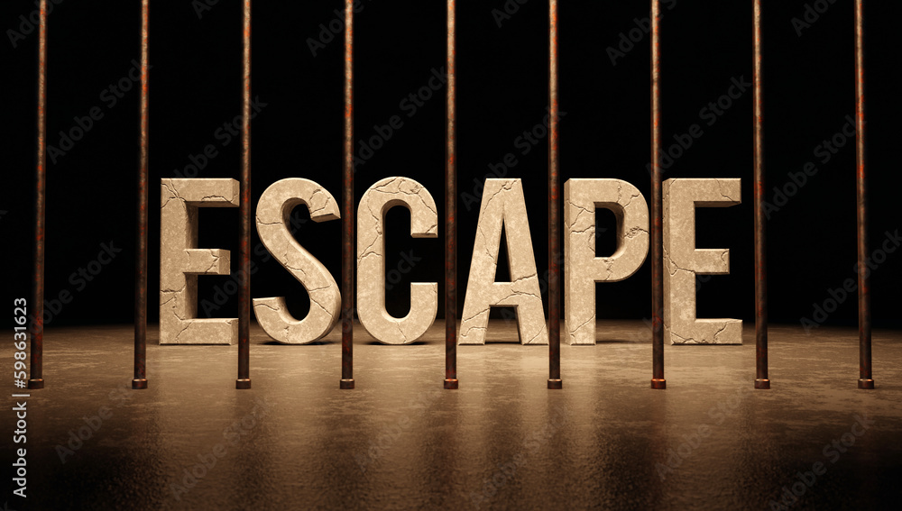 Escape text word behind bars, in jail behind bars concept wide banner ...