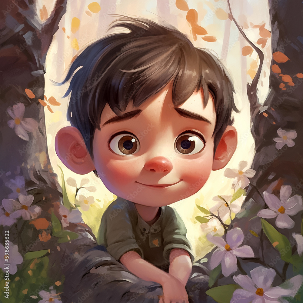 Portrait of cute little boy in the forest. Cartoon scene for children's ...