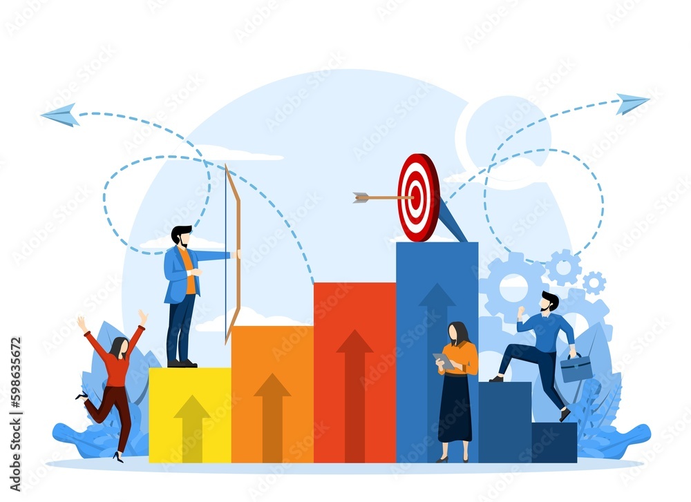 business success concept through growth chart chart. Small people work ...