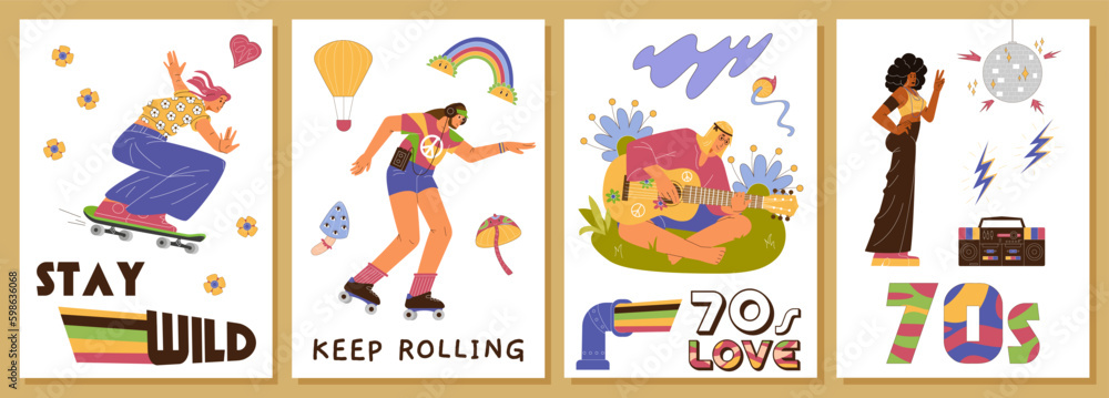 70s style posters with vector retro illustrations. Vintage prints with ...