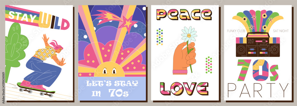 Vetor de 70s style posters with vector retro illustrations. Vintage ...