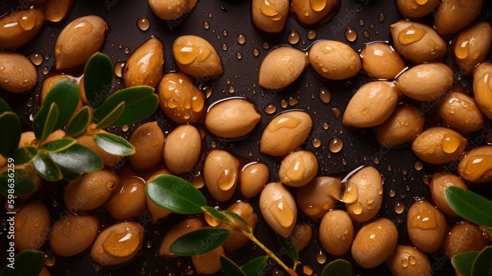 Argan seeds and oil background. Argana nuts and branches created with ...