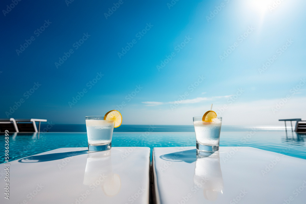 Cool cocktail drinks at the pool, clear blue sunny sky. Vacation ...
