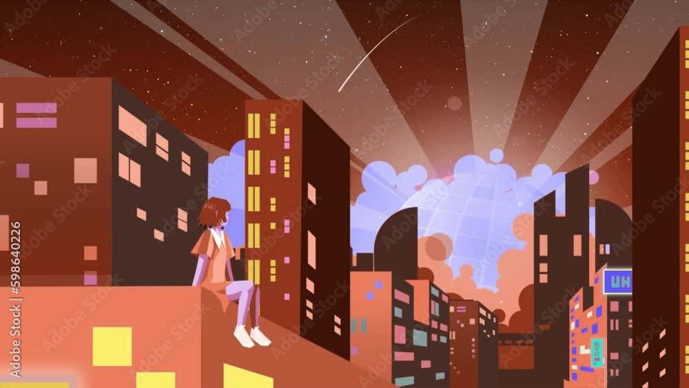 Young Girl Sitting On The Top Of The Roof At Night 2D Animation. Night ...