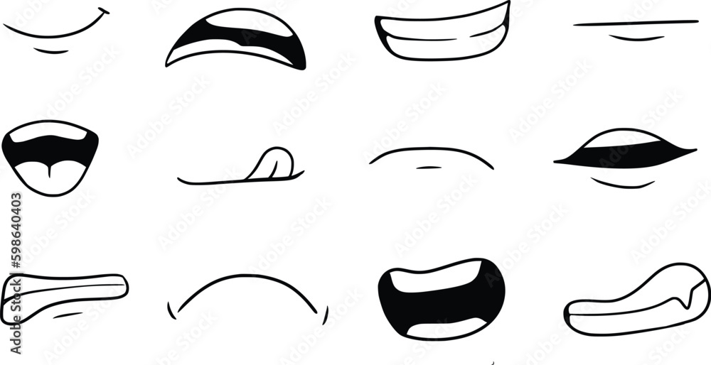 Cartoon mouth smile, happy, sad expression set, Funny comic doodle ...