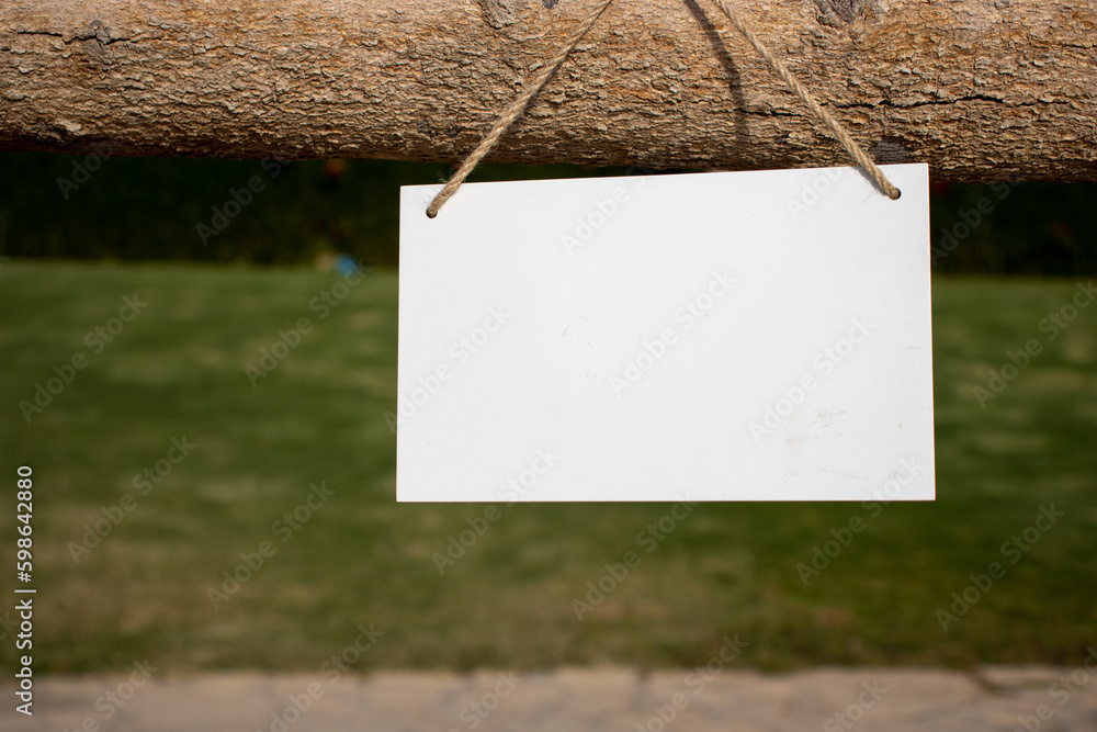 white hanging picture sign hanging from a rustic wood with green grass ...