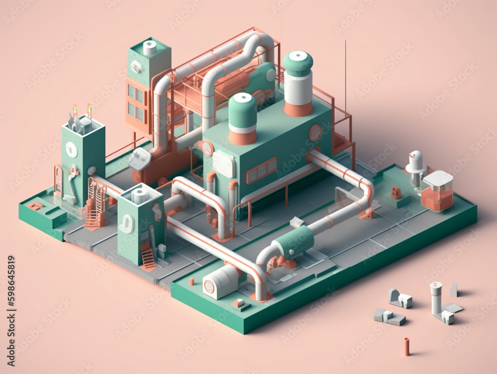 Isometric view of the exterior of a factory building with exposed ...