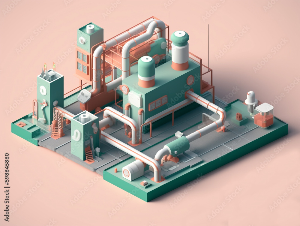 Isometric view of the exterior of a factory building with exposed ...