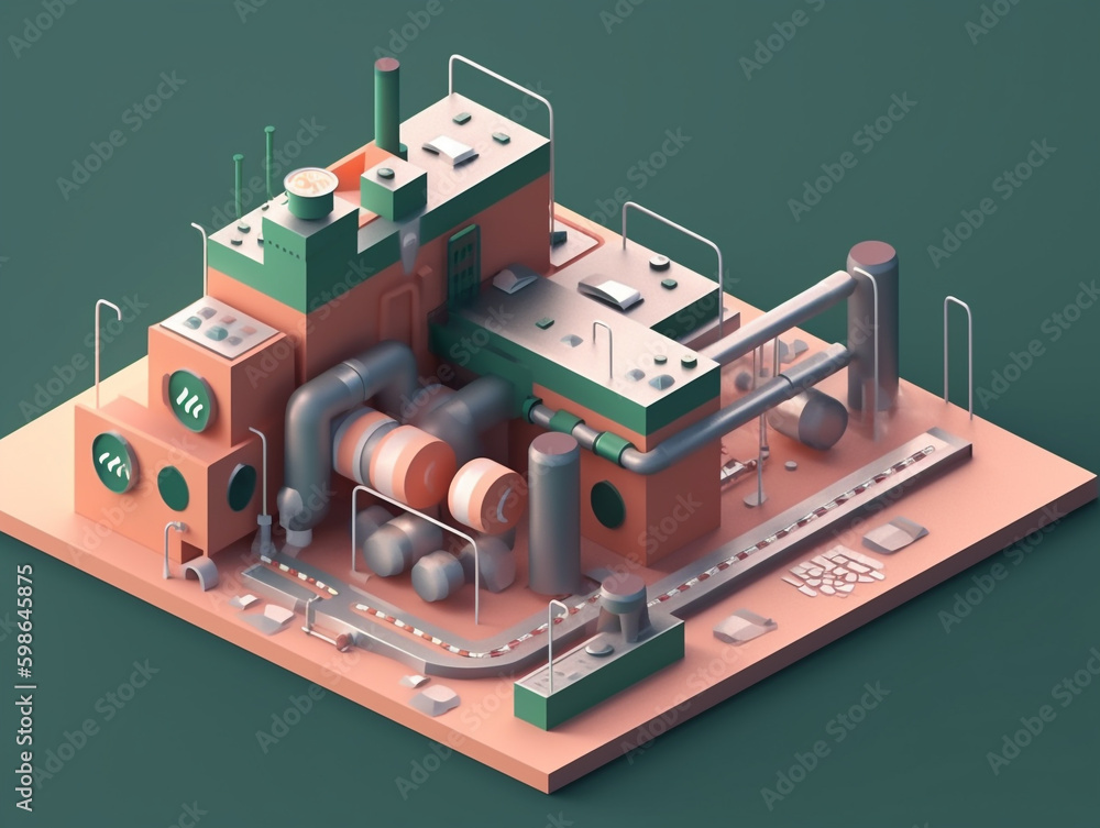 Isometric view of the exterior of a factory building with exposed ...