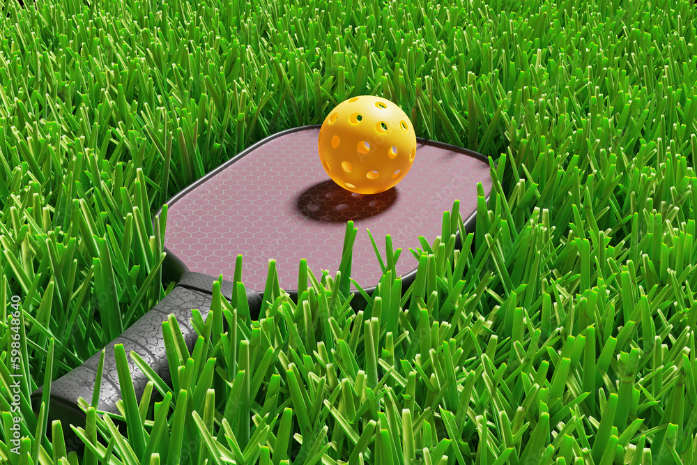 Racket and sports ball for pickleball on lawn grass. 3D rendering Stock ...