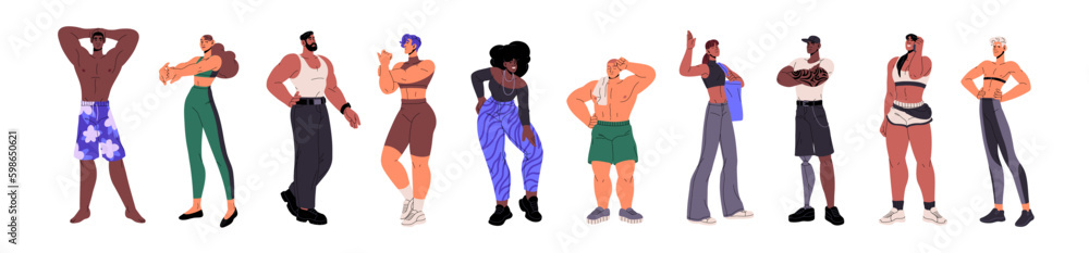 Strong people with athletic figures, muscular bodies set. Attractive ...